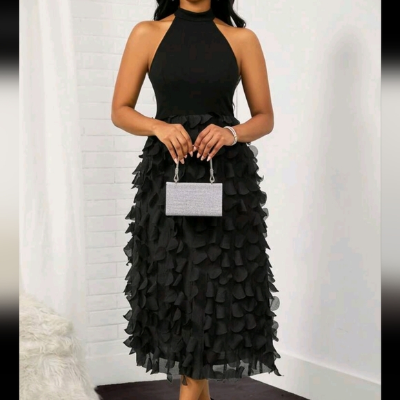 AA Collection | Dresses | Classic Black Halter Neck Appliqu Evening ...